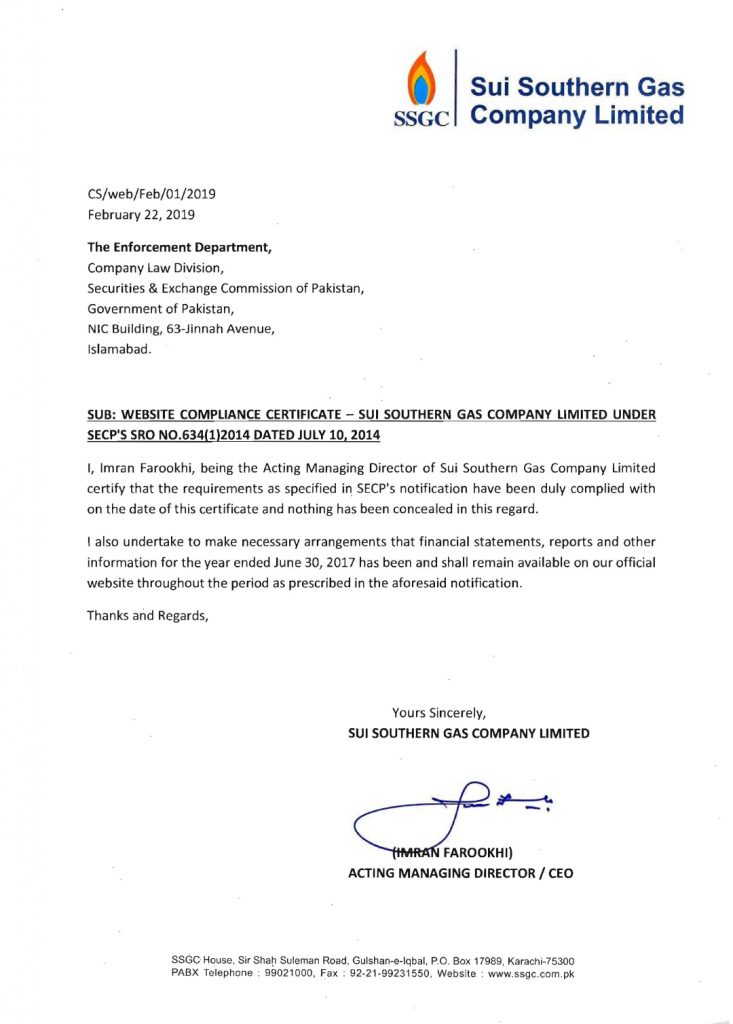 SECP Compliance Certificate | Sui Southern Gas Company Limited