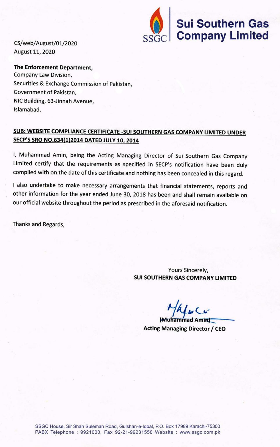 SECP Compliance Certificate | Sui Southern Gas Company Limited