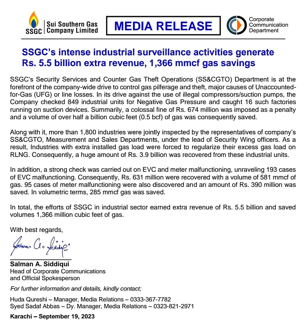 SSGC’S Intense Industrial Surveillance Activities Generate Rs.5.5 Billion Extra Revenue,1,366 ...