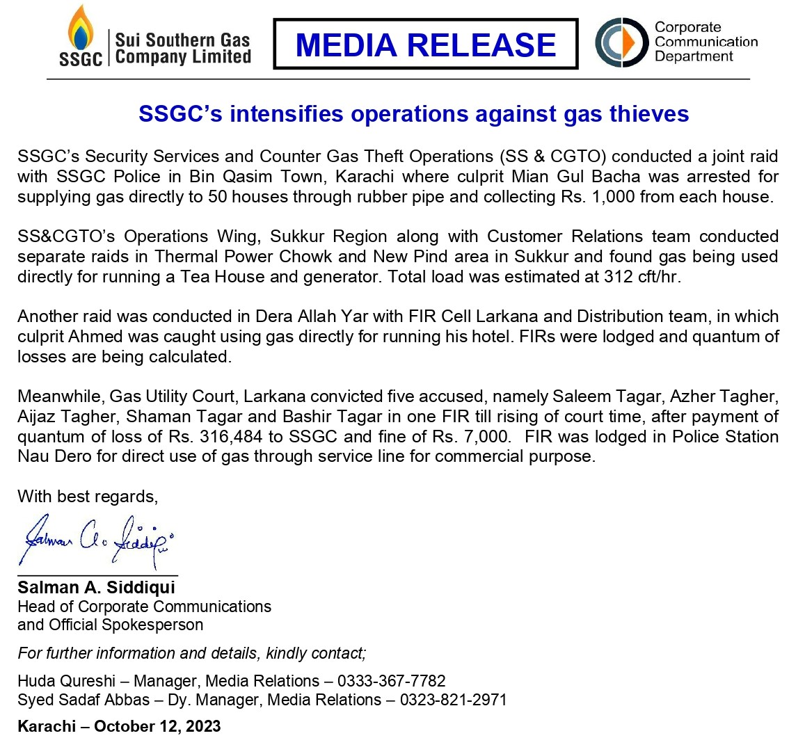 SSGC Intensifies Operations Against Gas Thieves | Sui Southern Gas ...