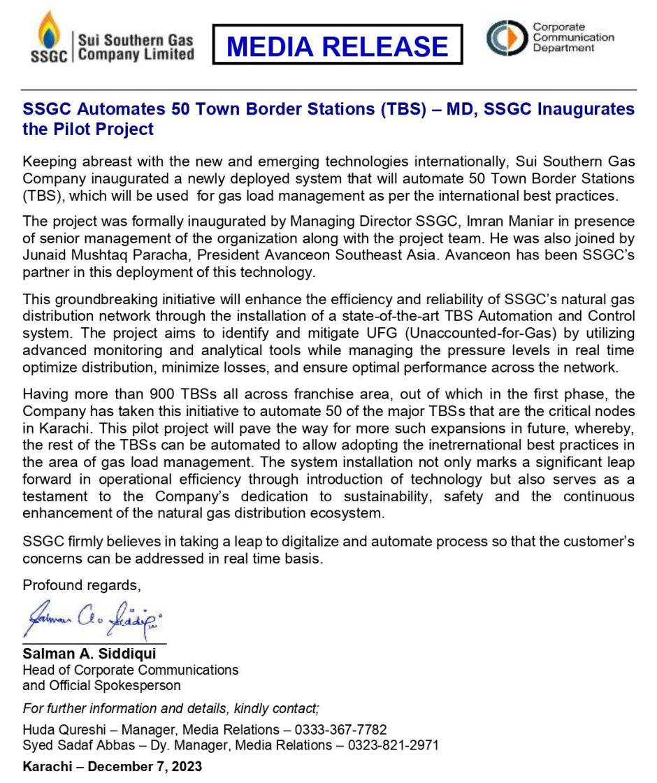 SSGC Automates 50 Town Border Stations(TBS)-MD,SSGC Inaugurates the ...