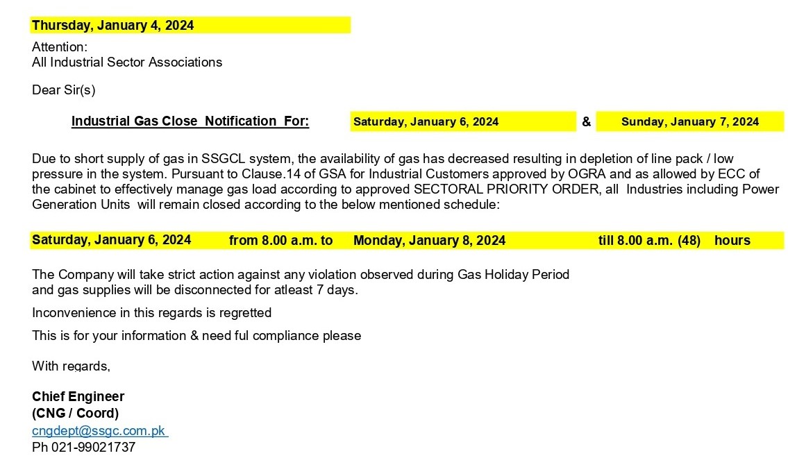 Industrial Gas Closure Notification | Sui Southern Gas Company Limited
