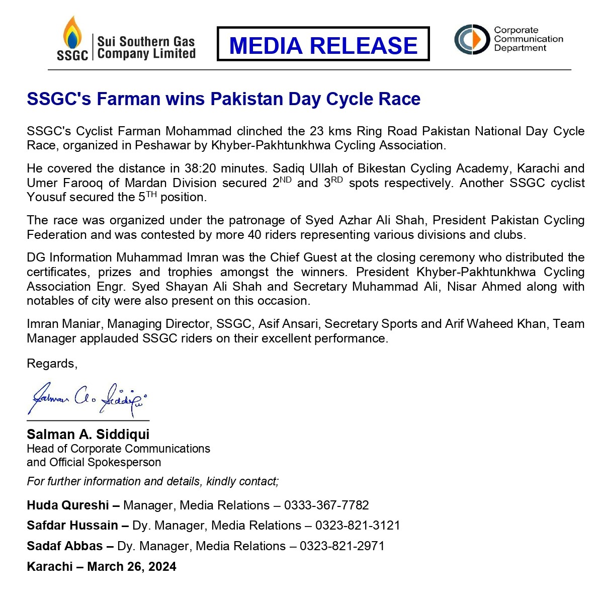 SSGC’s Farman wins Pakistan Day Cycle Race | Sui Southern Gas Company ...