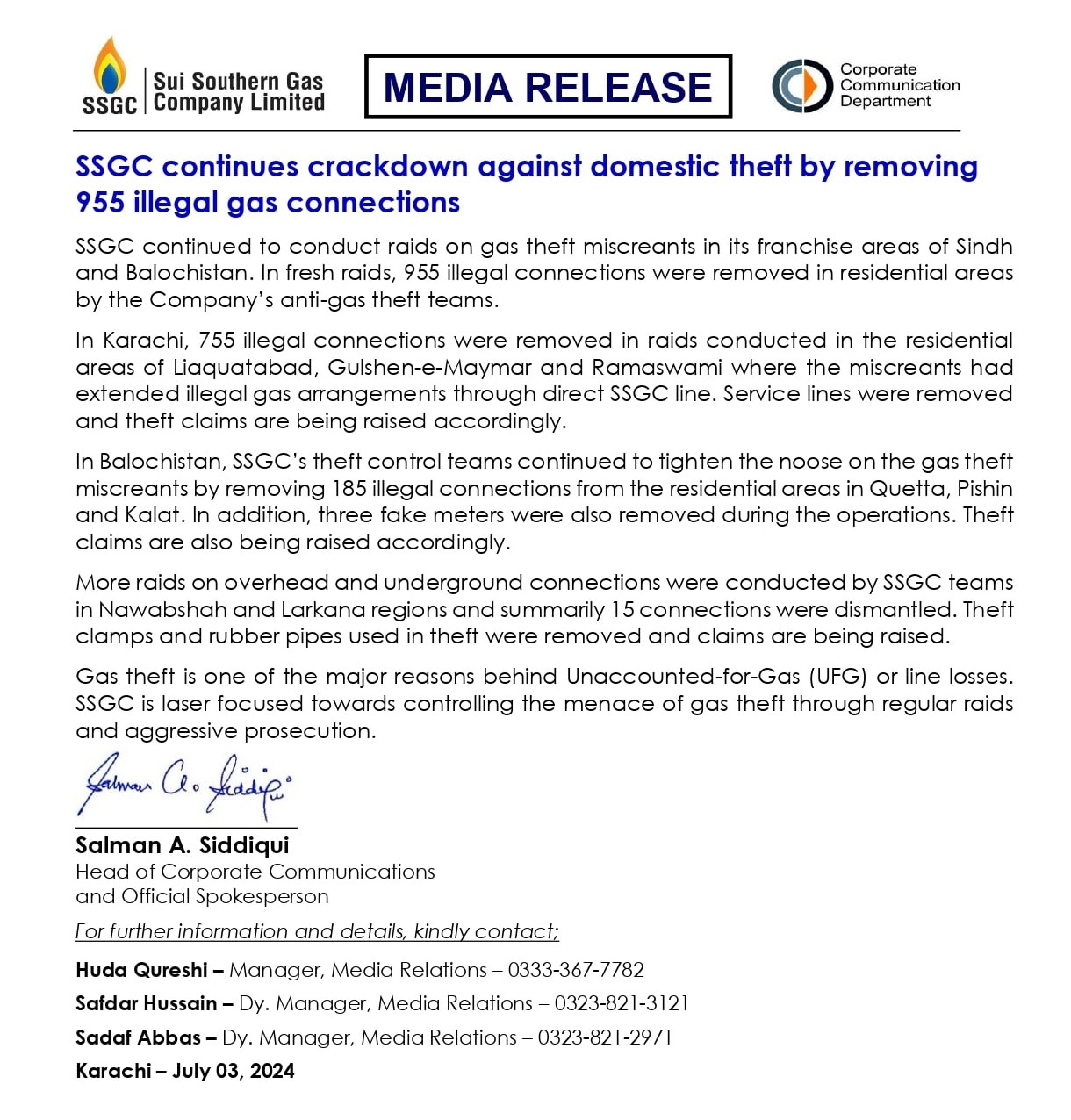 SSGC continues crackdown against domestic theft by removing 955 illegal ...